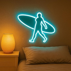 Surfboard Neon Sign: Surf Girl LED Light - Coastal Wall Art - Etsy
