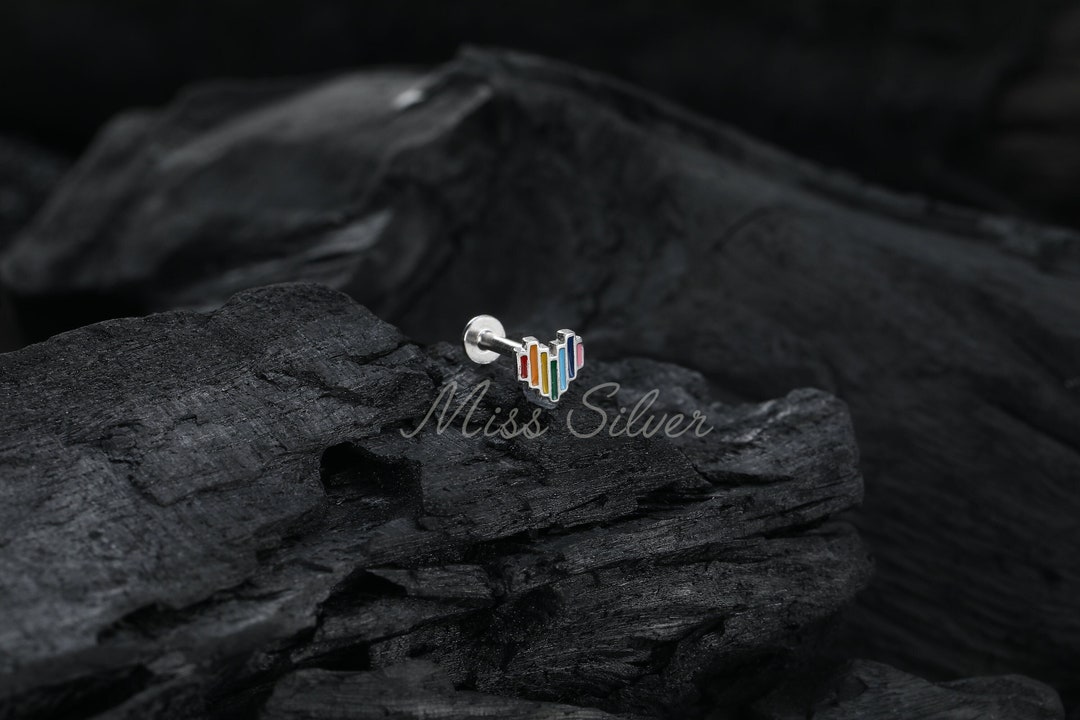 Rainbow Labret Sterling Silver Heart Interally Threaded Tragus Piercing ...