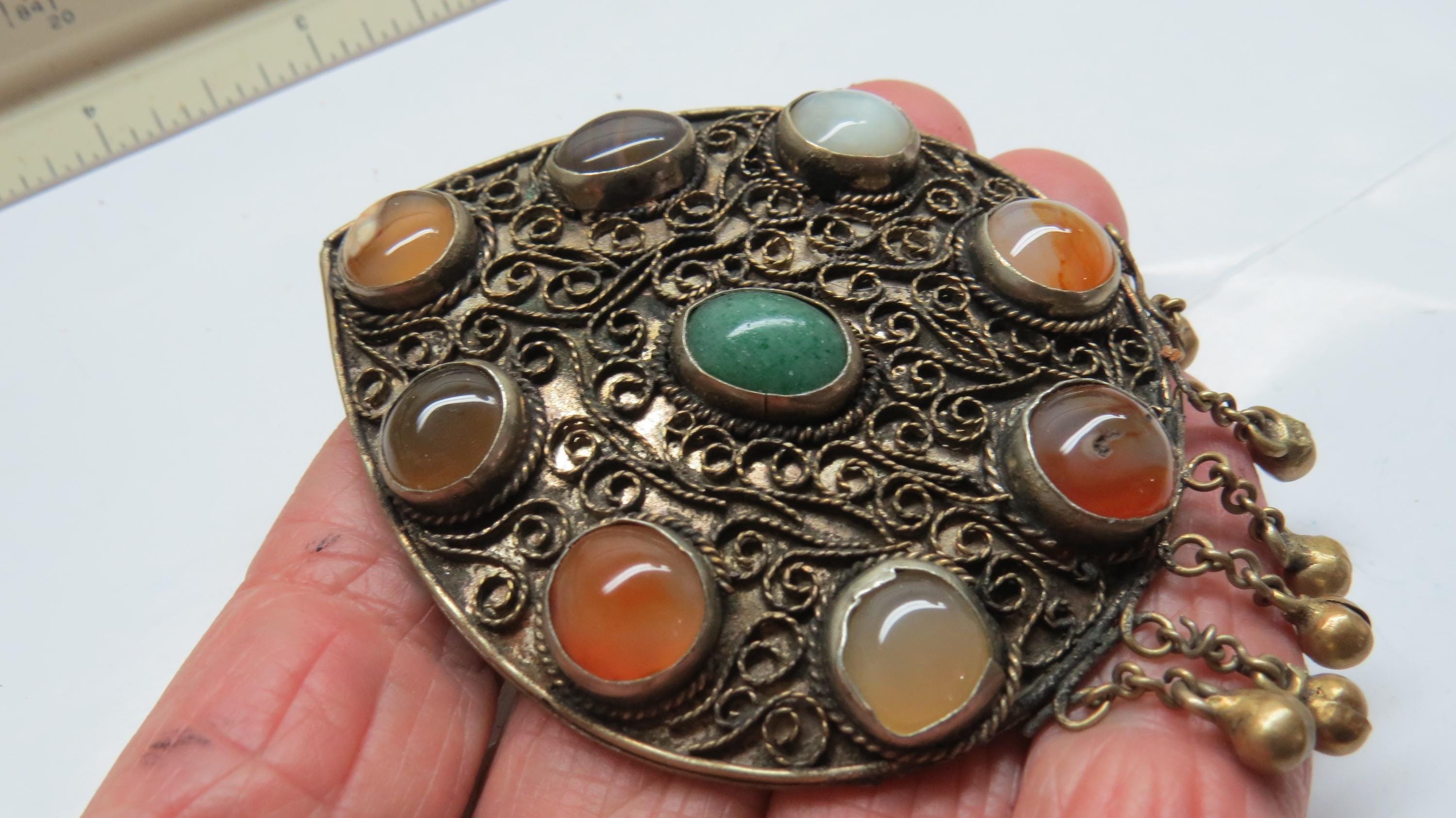 Vintage Large Persian Bronze Amulet Pendant With Polished Stones India ...