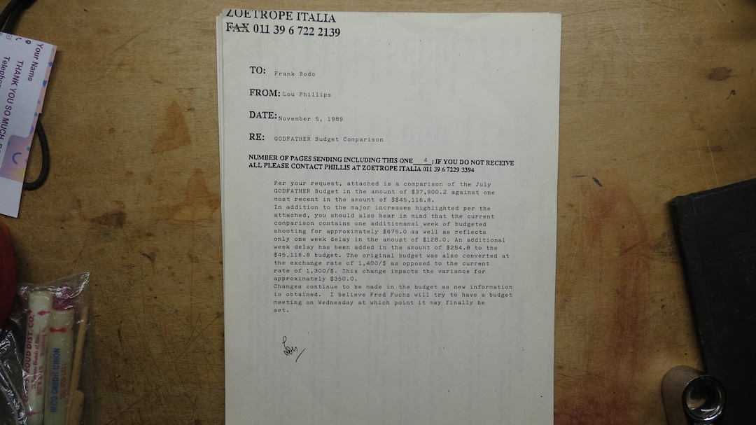 The Godfather Part III RARE BUDGET in Italy Fax to Frank Bodo From Lue ...