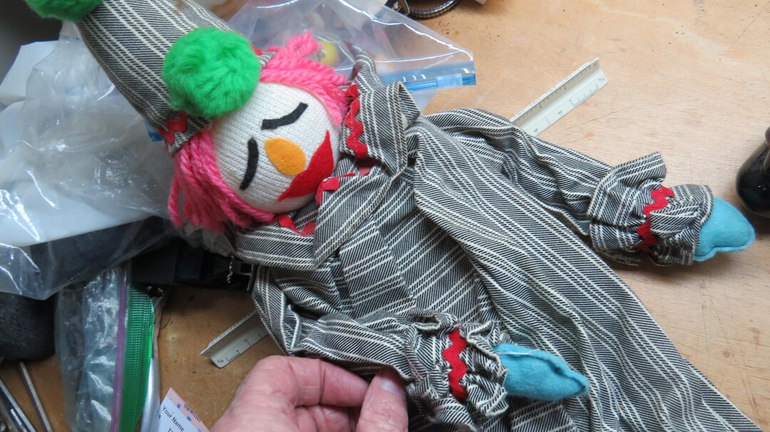 VINTAGE Large Yarn Head Clown Doll 25" Tall Cute . Stain on Back of Hat ...