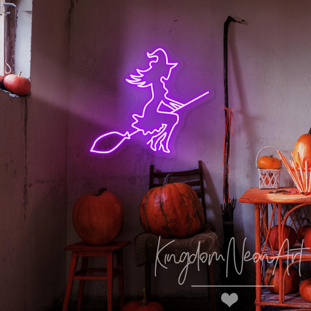 Witch Neon Sign Halloween Witch on Broom Neon Sign Custom Led Neon ...