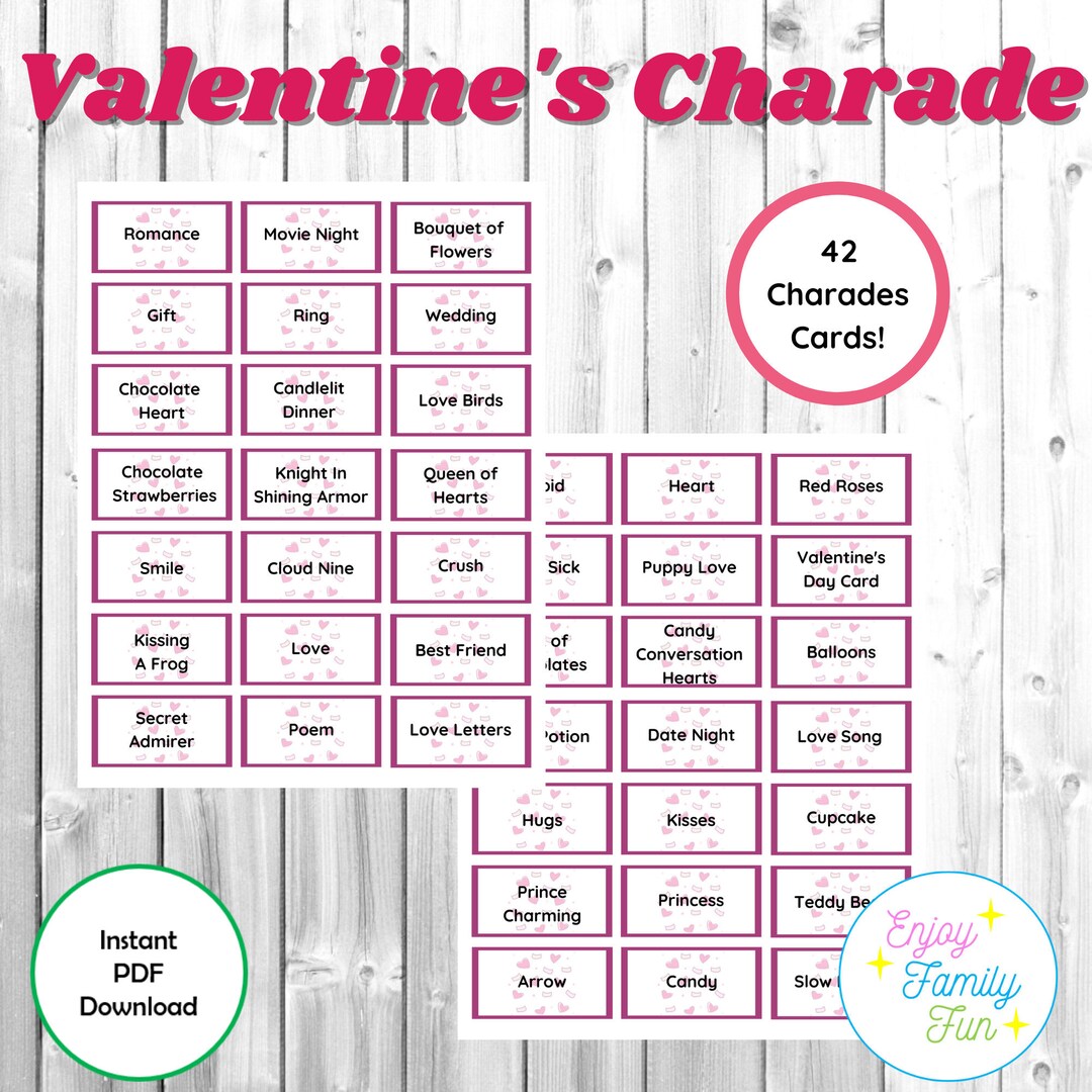Valentine's Game Charades Instant Download. 42 Printable Game Cards ...