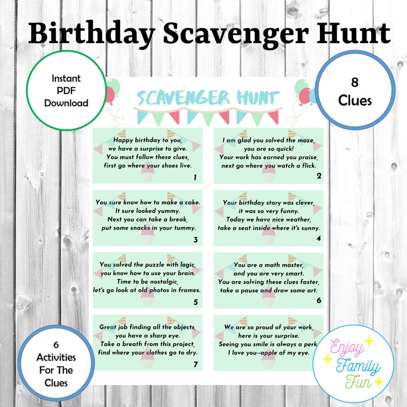 Birthday Scavenger Hunt-find the Clues and Solve the Puzzle or Activity ...