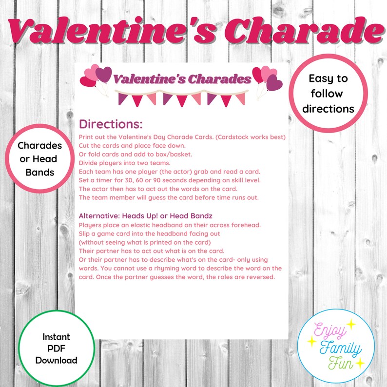 Valentine's Game Charades Instant Download. 42 Printable Game Cards ...