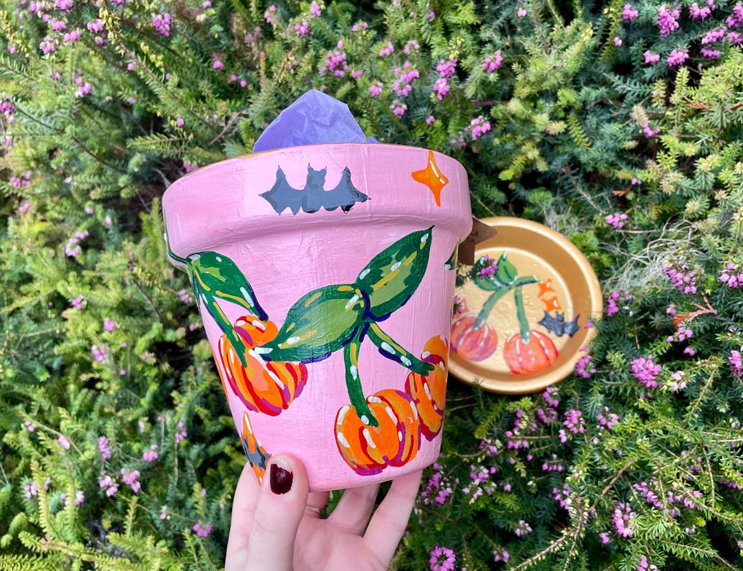 Spooky Season Plant Pot + Base / Hand Painted / Pumpkin / Bats ...