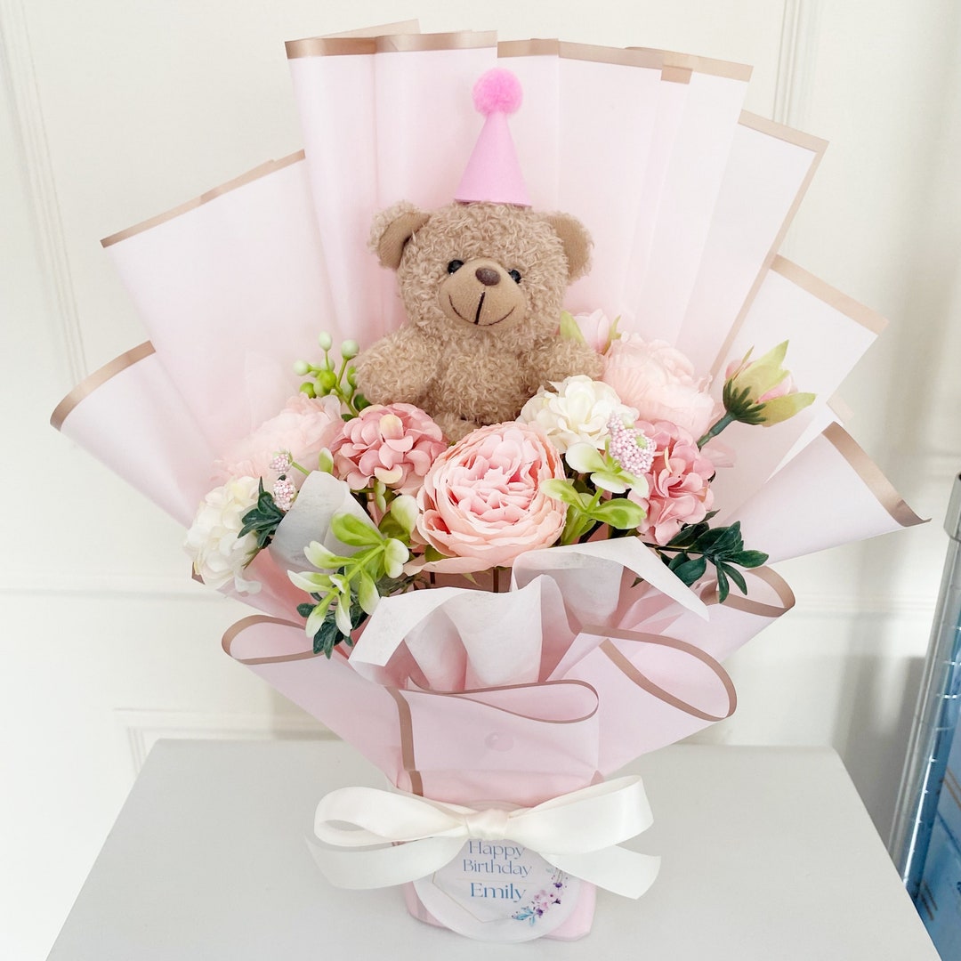 Personalised Birthday Teddy Flower Bouquet, Forever Keepsake, Artificial Flowers, Gift for Her ...