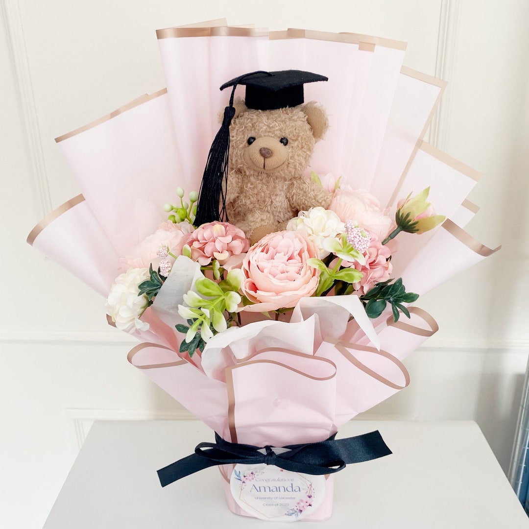 Personalised Graduation Teddy Flower Bouquet, Forever Keepsake, Artificial Flowers ...