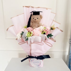 Personalised Graduation Teddy Flower Bouquet, Forever Keepsake, Artificial Flowers ...