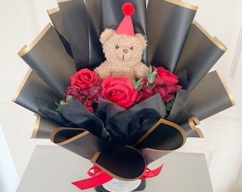 Personalised Birthday Teddy Flower Bouquet, Forever Keepsake, Artificial Flowers, Gift for Her ...