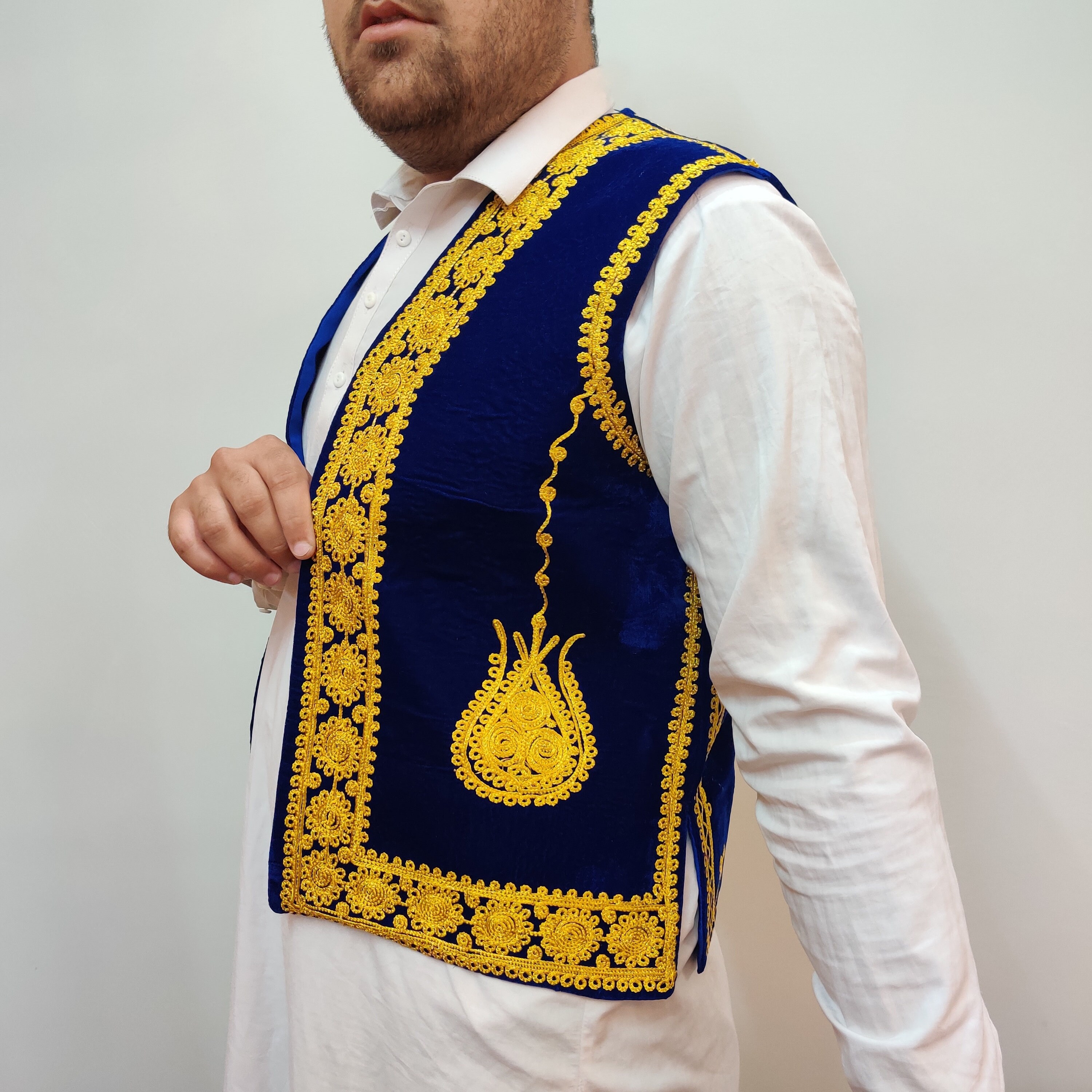 Beautiful Afghani Blue Velvet Charma Work Embroidery Waistcoat Gold ...