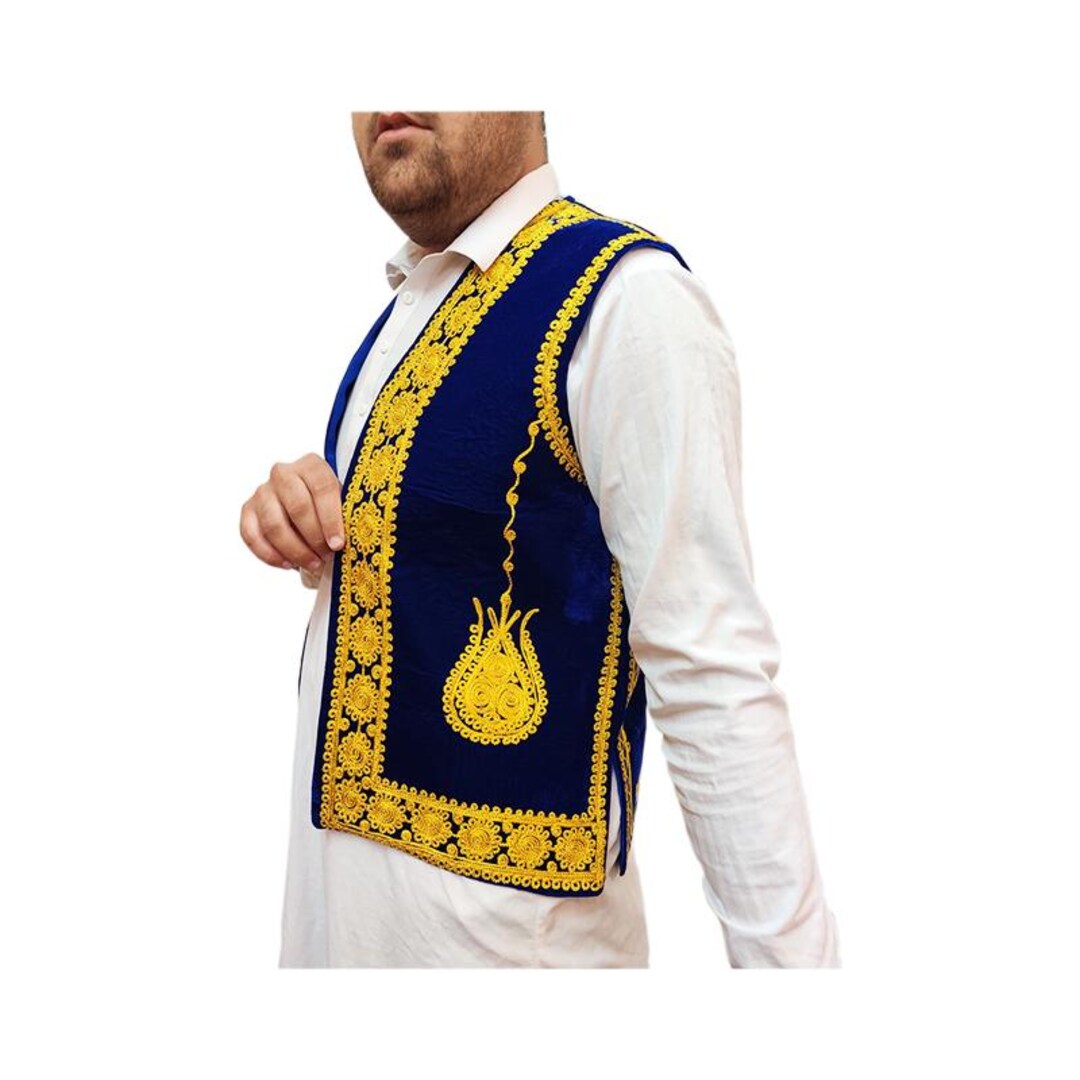 Beautiful Afghani Blue Velvet Charma Work Embroidery Waistcoat Gold ...