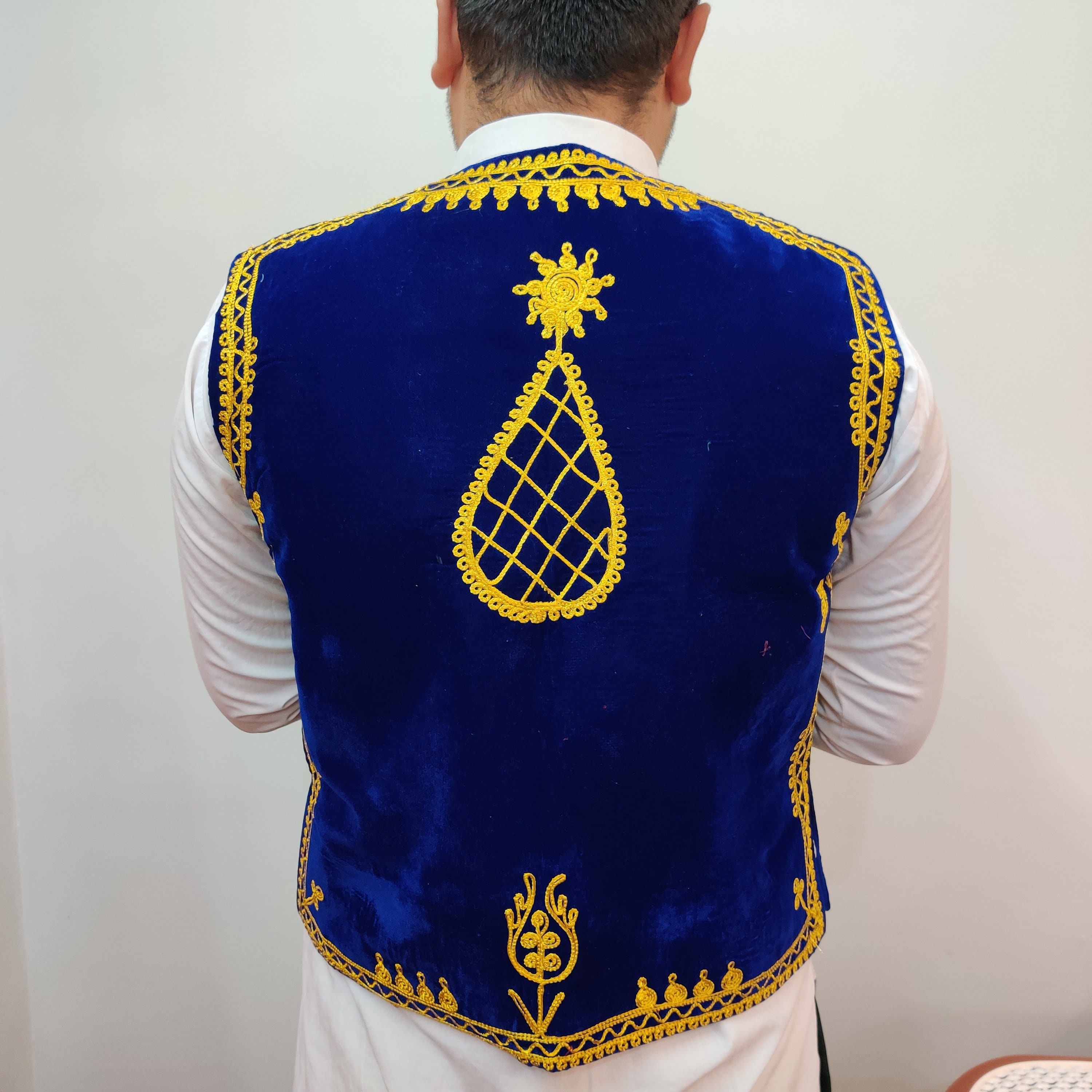 Beautiful Afghani Blue Velvet Charma Work Embroidery Waistcoat Gold ...