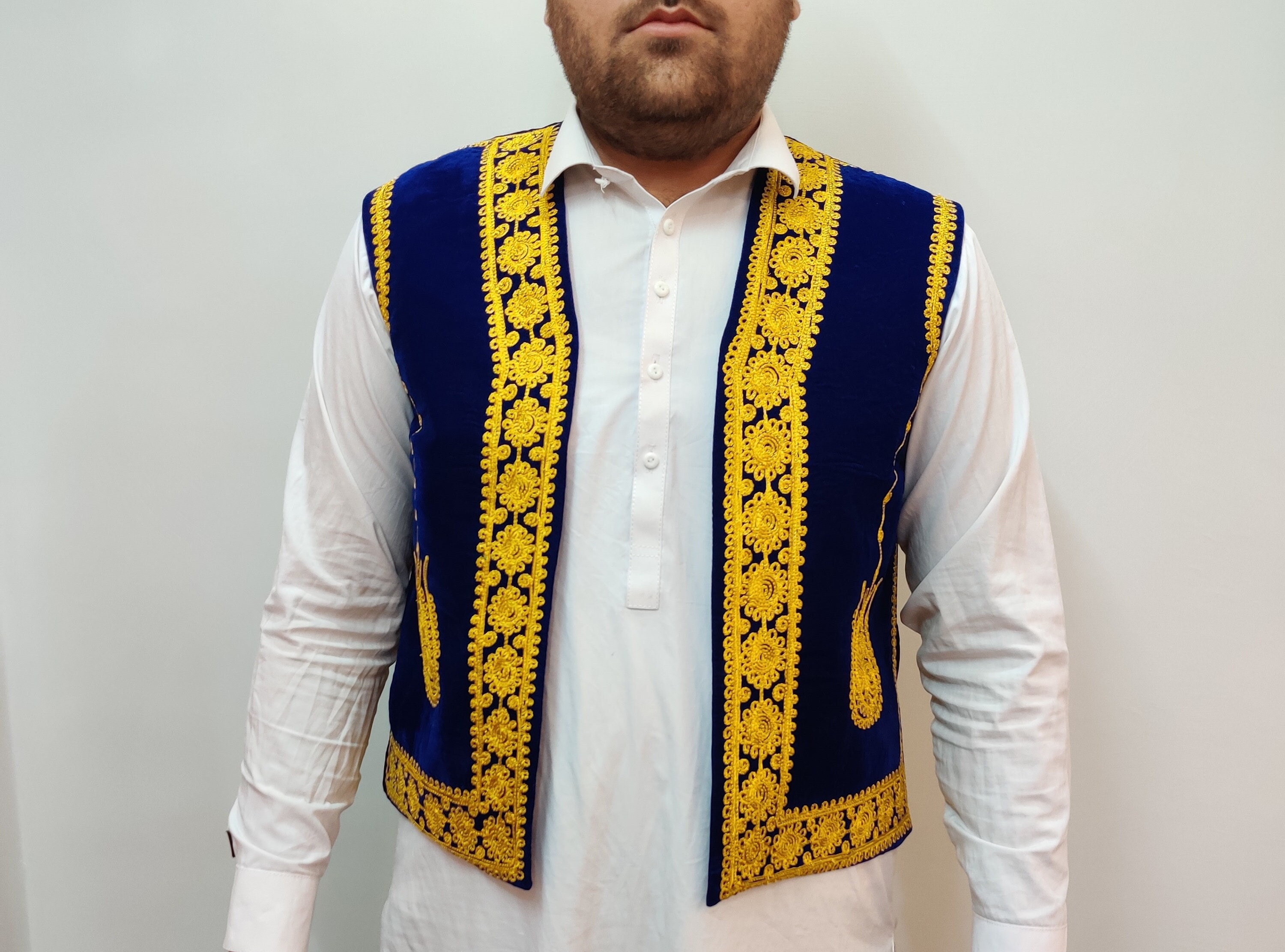 Beautiful Afghani Blue Velvet Charma Work Embroidery Waistcoat Gold ...