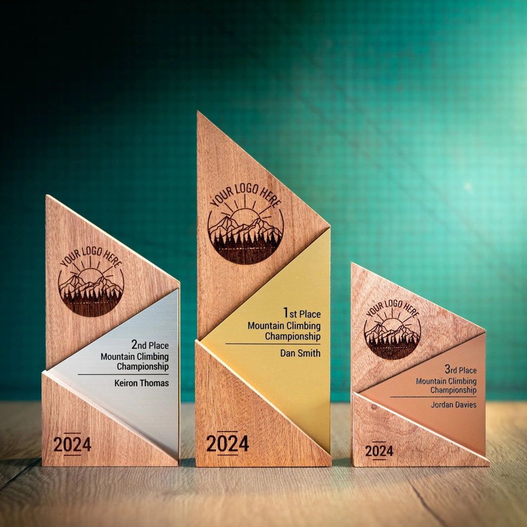 Wood and Metallic PEAK Personalised Trophy Award Personalized Bespoke ...