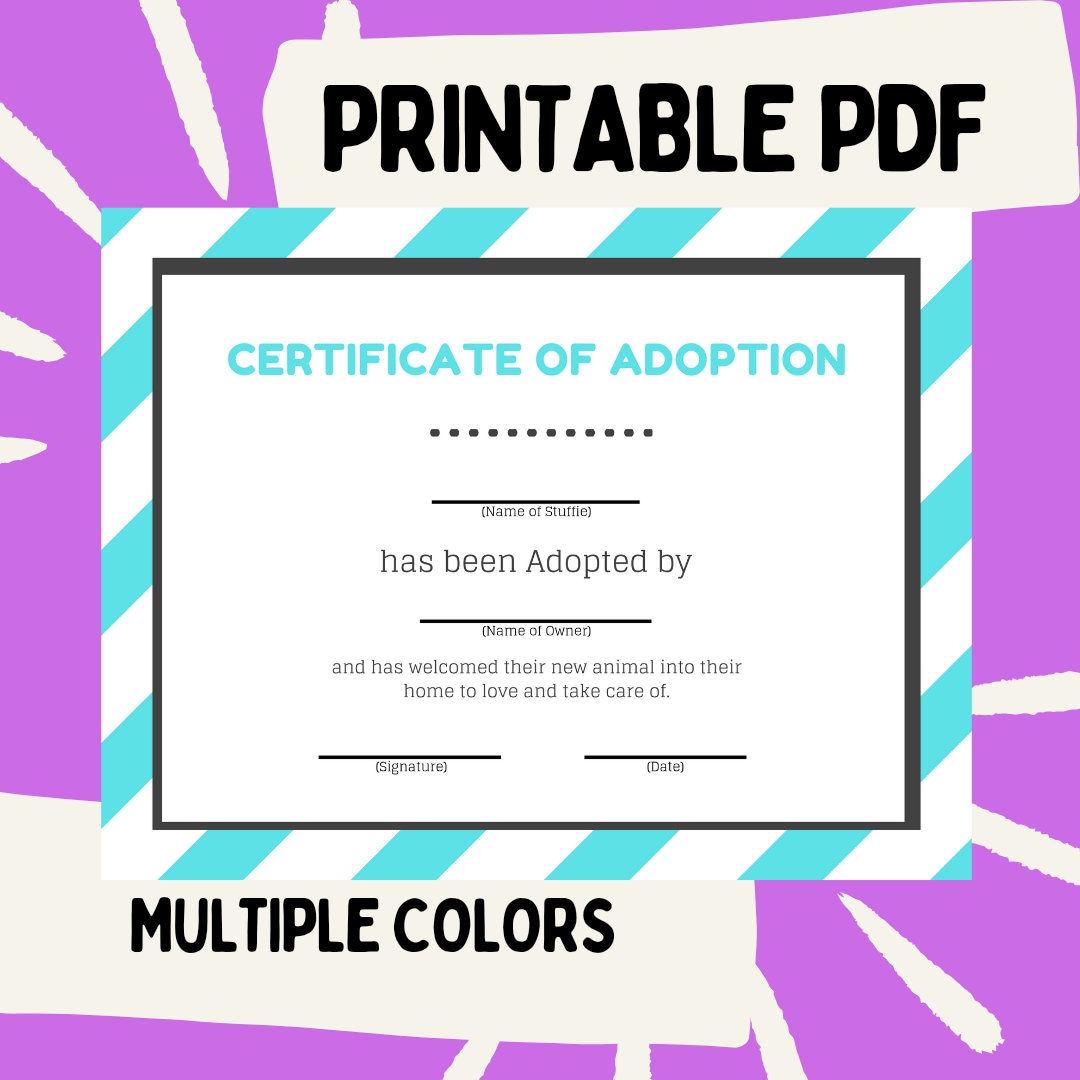 Adoption Certificate for Handmade Plushies PDF Printable/custom Option ...