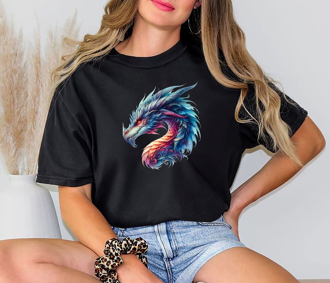 Blue Fire Dragon T-shirt - Mystical Fire Dragon Art, Luminous Neon ...