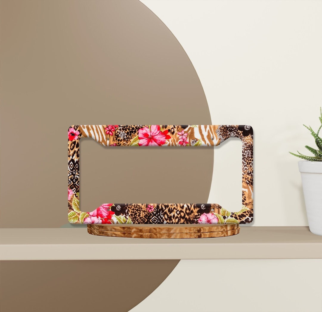 Floral & Leopard License Plate Frame, Tropical Hibiscus Tribal Design ...