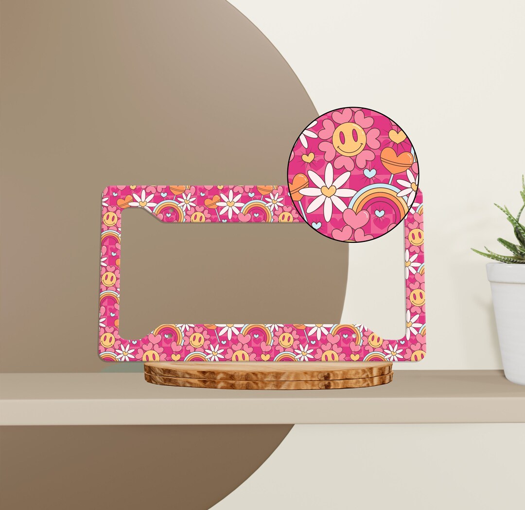 Pink Retro License Plate Frame, Groovy Daisy Rainbow Print Vehicle ...