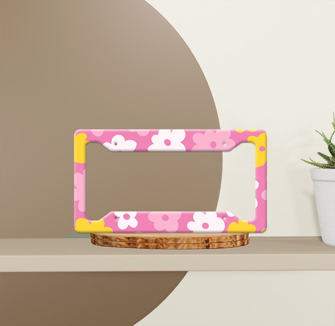 Floral Retro License Plate Frame, Vibrant Pink With Retro Blooms Fun ...