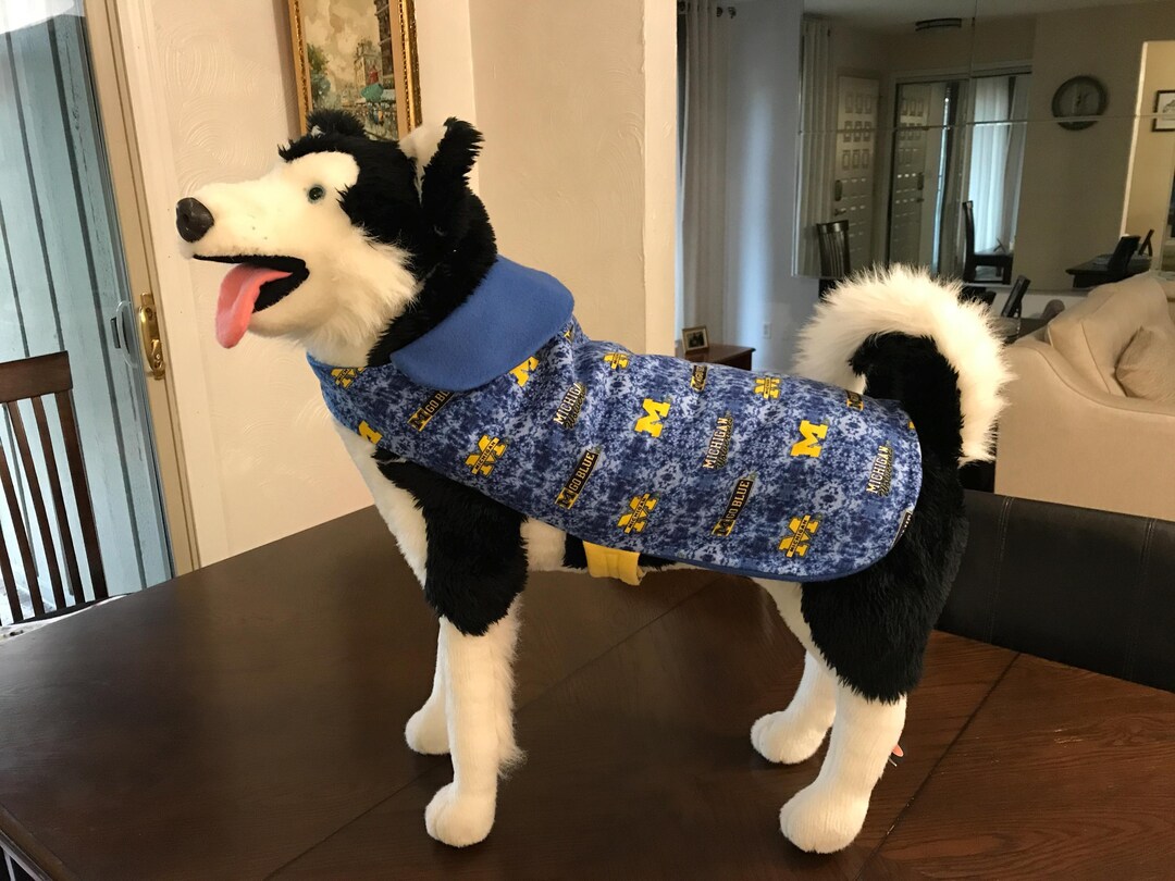 Michigan Go Blue! Dog Coat in Large Size. Fabric is Blue and Gold, With ...