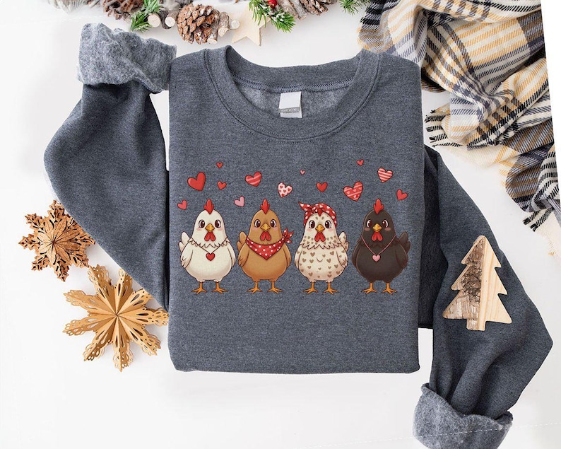 Valentine Chicken Sweatshirt, Cute Farm Animal Hoodie, Funny Chicken ...