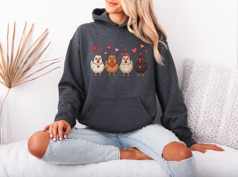 Valentine Chicken Sweatshirt, Cute Farm Animal Hoodie, Funny Chicken ...