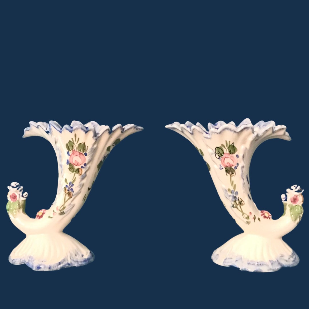 Pair of Vintage Italian Cornucopia Vases • Blue and White Home Decor ...