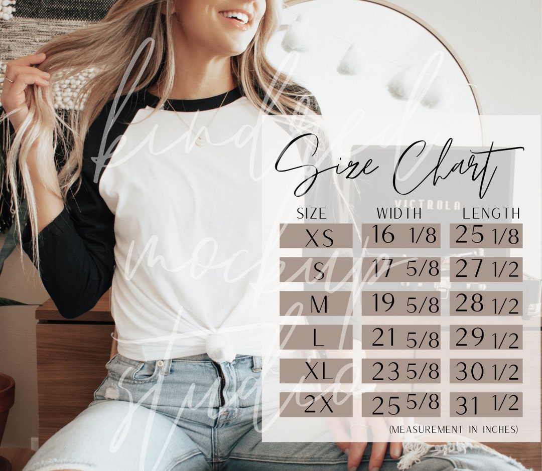 Bella Canvas 3200 Size Chart| Raglan Size Chart| Three Quarter Sleeve ...
