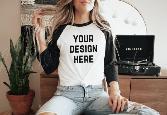 Black and White Raglan Shirt Mockup Bella Canvas 3200 Mockup | Etsy