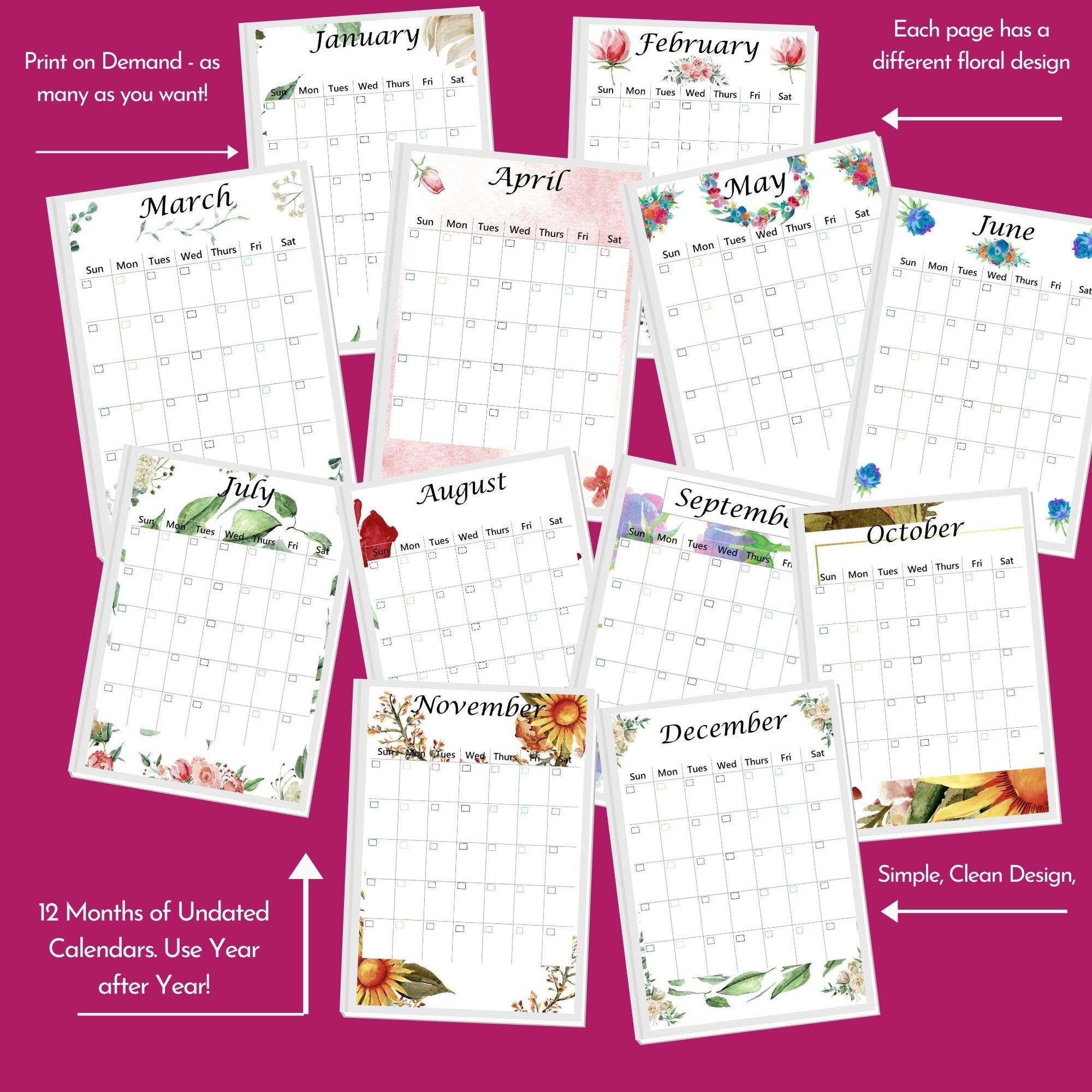 Floral Print Undated Printable Calendars - Etsy