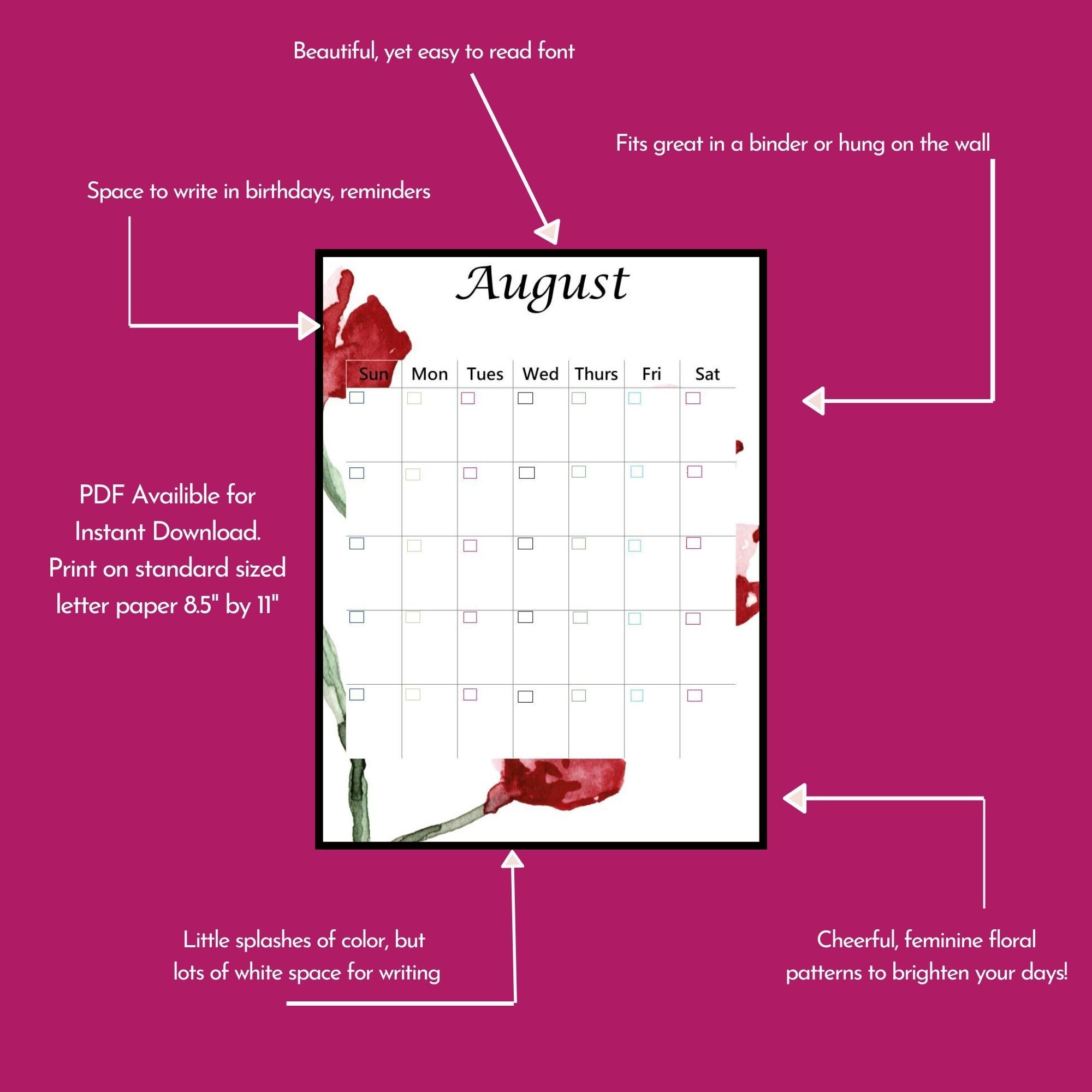 Floral Print Undated Printable Calendars - Etsy