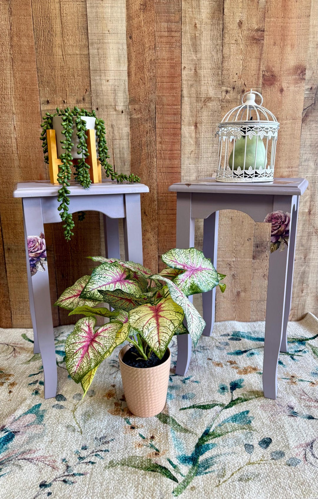 Set of 2 Hand Painted Teakwood Side or Accent Tables Cottagecore ...