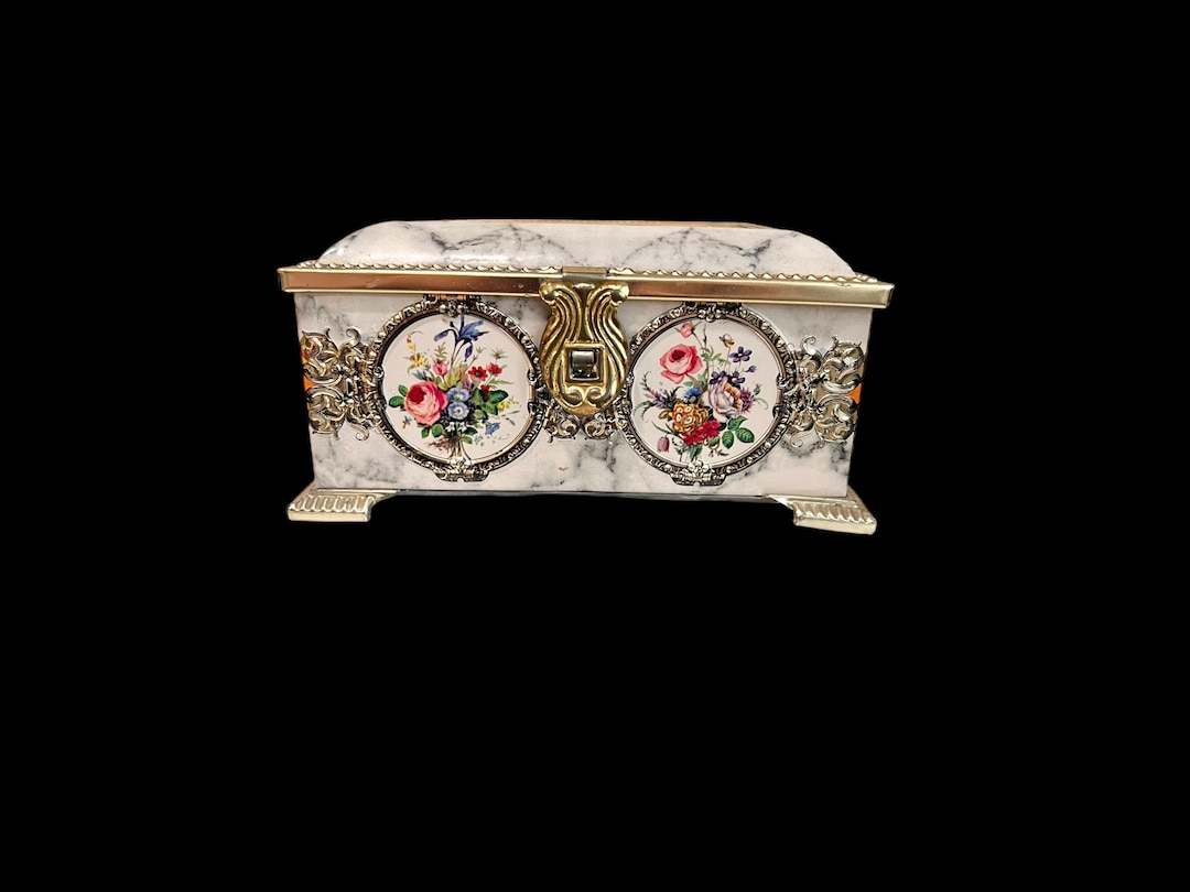 Vintage Metal Victorian Ornate Style Coin Bank Tin Florals Faux Marble ...