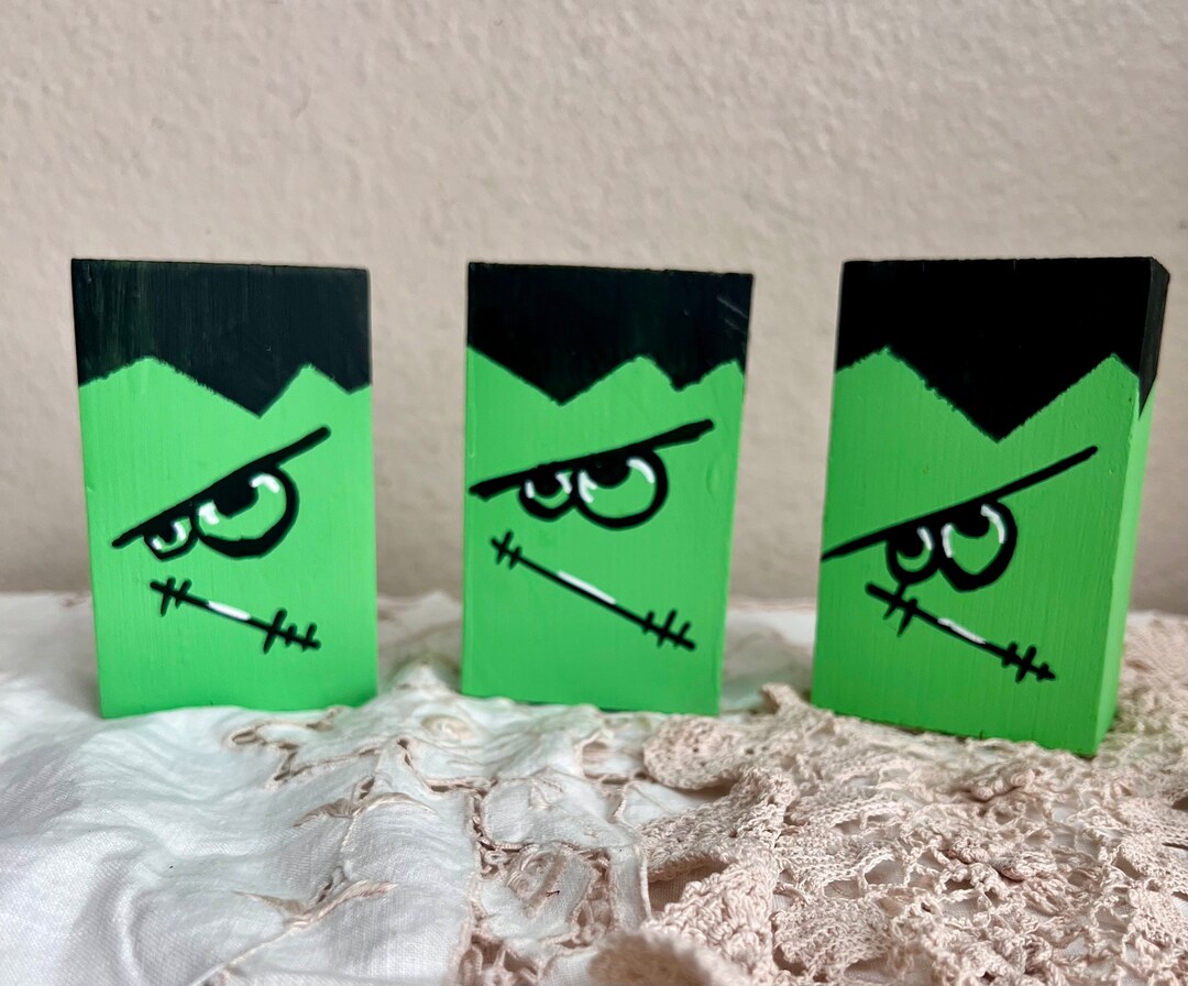 Set of 3 Handmade Fun Frankenstein Wooden Blockheads Halloween Fall ...