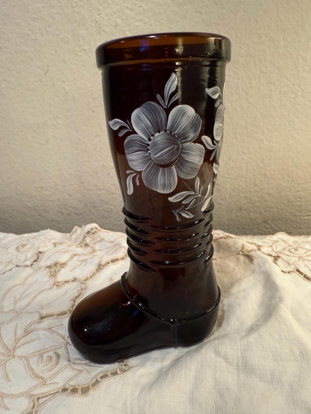 GDR Vintage Amber Pressed Art Glass Boot Vase With Hand Painted Florals ...