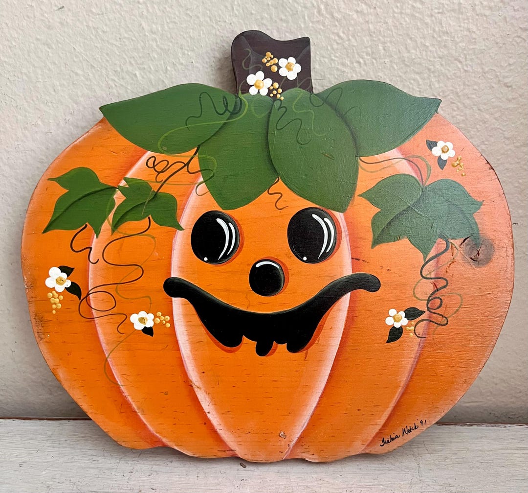 Vintage 1991 Wooden Tole Painted Pumpkin Wall Decor Hanging Artist ...
