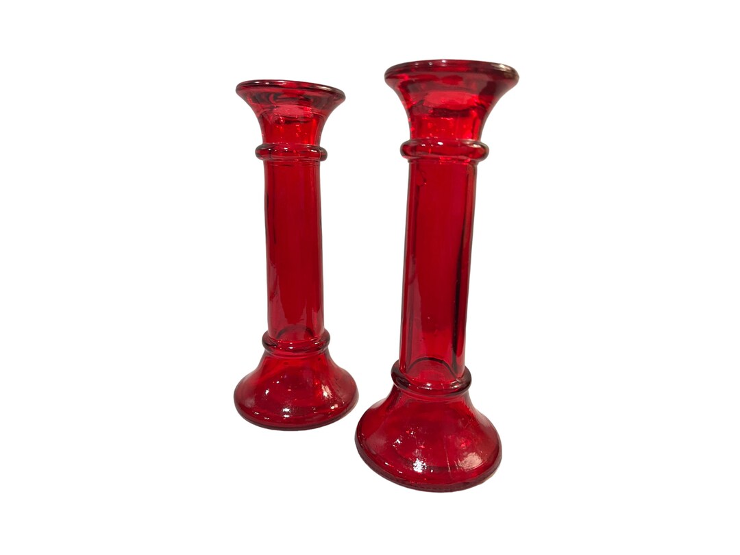 Set of 2 Indiana Glass Ruby Red 7 Inch Candlesticks USA - Etsy