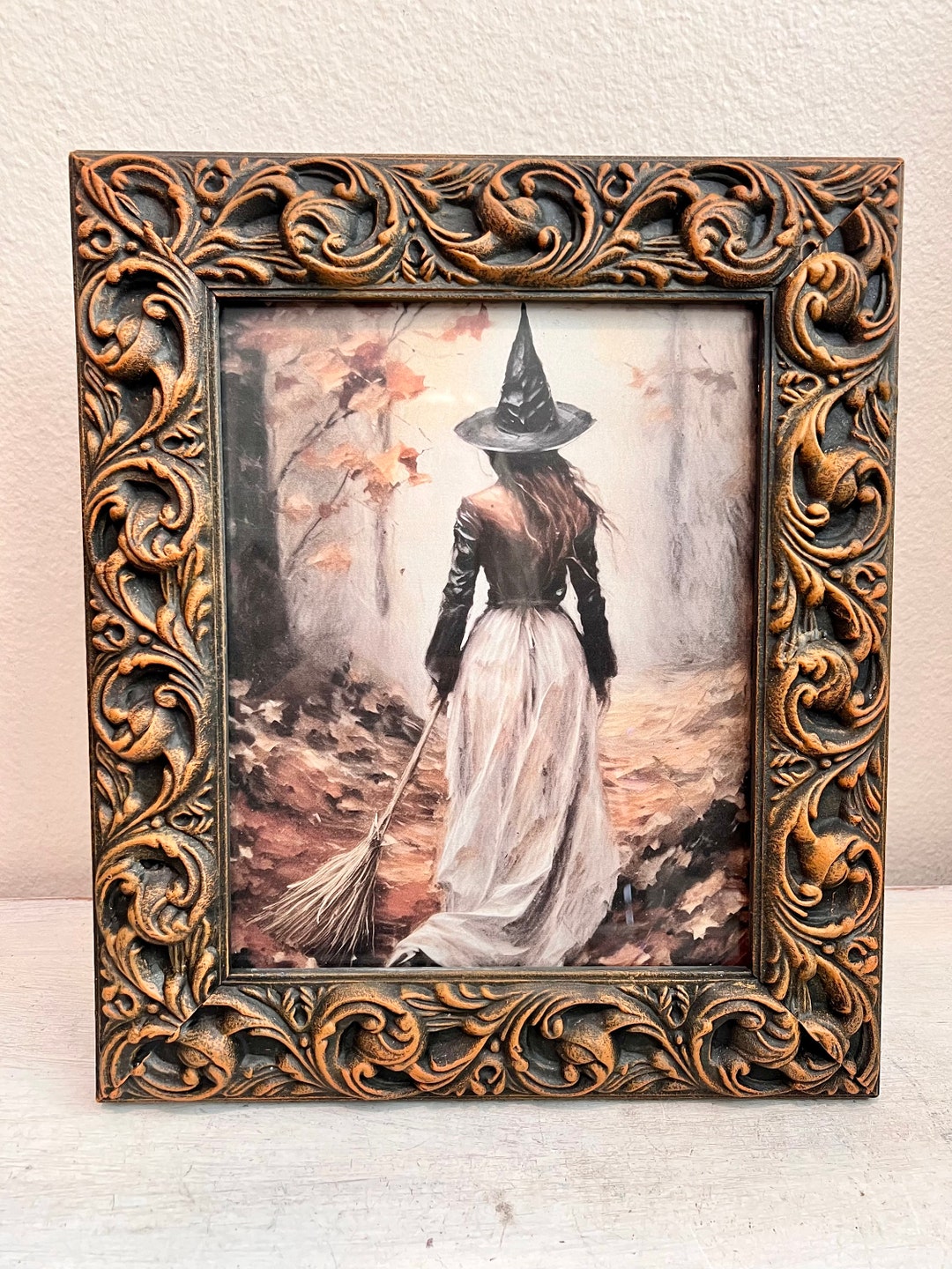 Upcycled Frame With 8x10 Witch Walking in Woods Print Harvest Fall ...