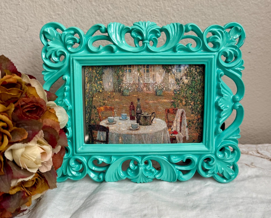 Ornate Aqua Blue Frame With Farmhouse French Country Scene Photo ...