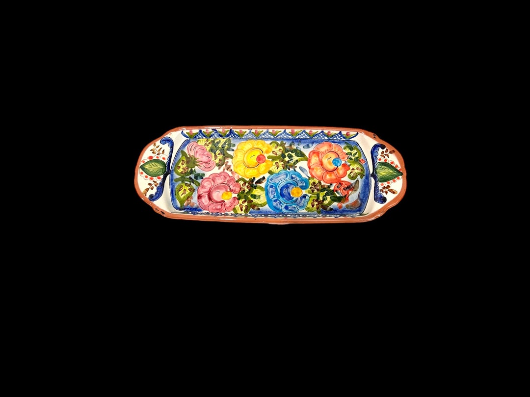 Beautiful and Colorful Red Clay Hand Painted Floral Rectangular Serving ...