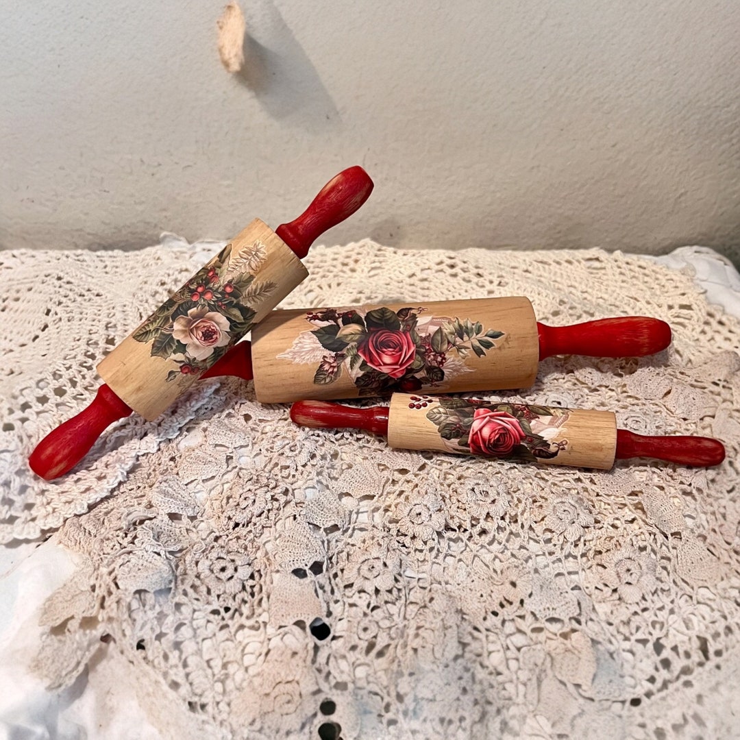 Set of 3 Mini Wooden Rolling Pins With Vintage Holiday Roses Decor - Etsy