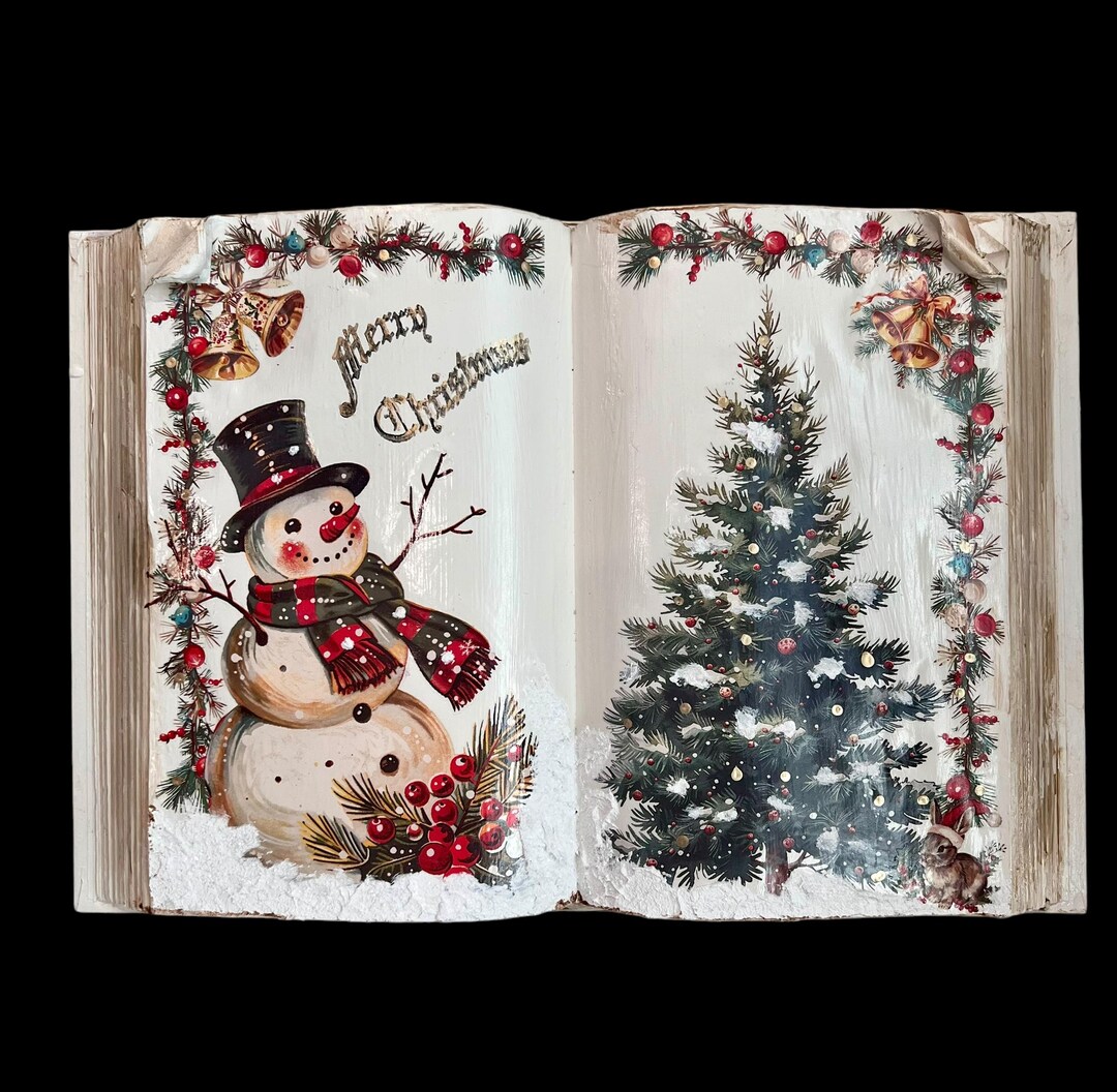 Handmade Christmas Tree and Snowman Book Display Upcycled Book Holiday ...