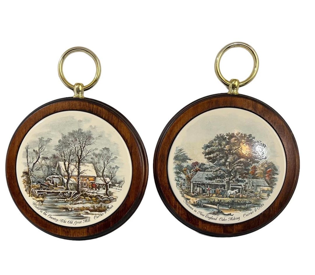 Set of 2 Vintage Currier & Ives Round Wood and Tile Winter Farmhouse ...