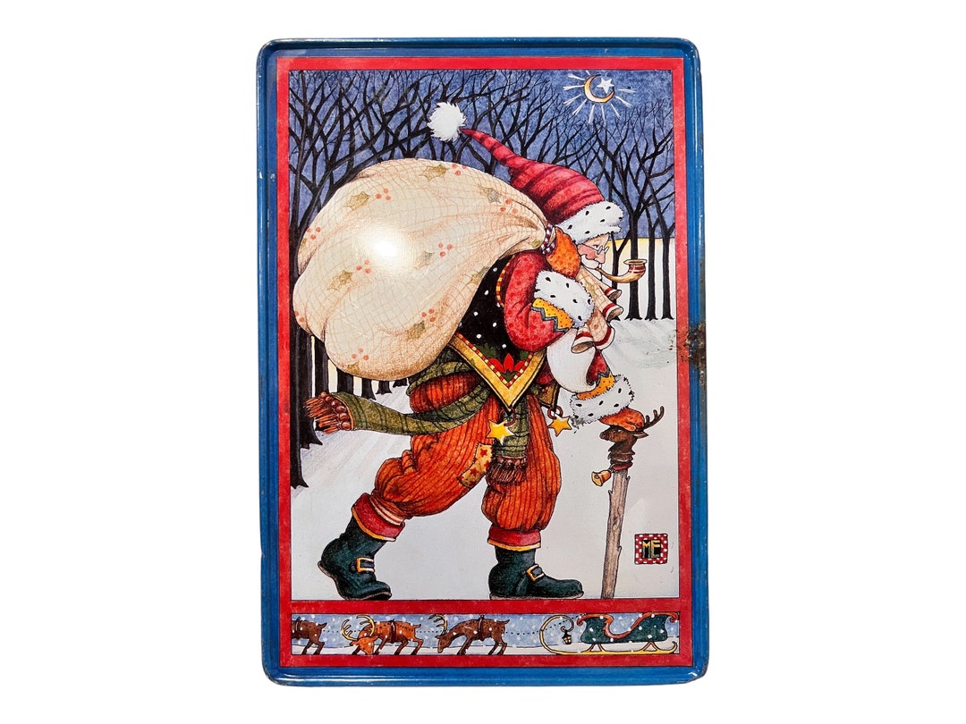 Vintage 1980s Mary Engelbreit Large Christmas Holiday Santa Claus Tin ...