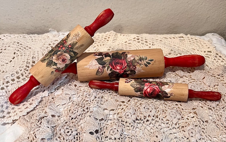 Set of 3 Mini Wooden Rolling Pins With Vintage Holiday Roses Decor - Etsy