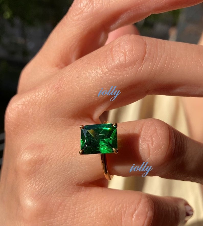 Emerald Cut Emerald Ring, 14k Gold Emerald Ring, Emerald Cut Birthstone Stacking Ring, May ...