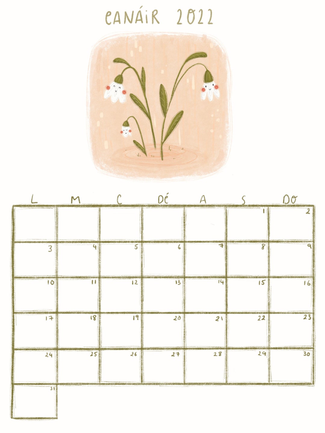 Irish Calendar Printable January 2022 - Etsy