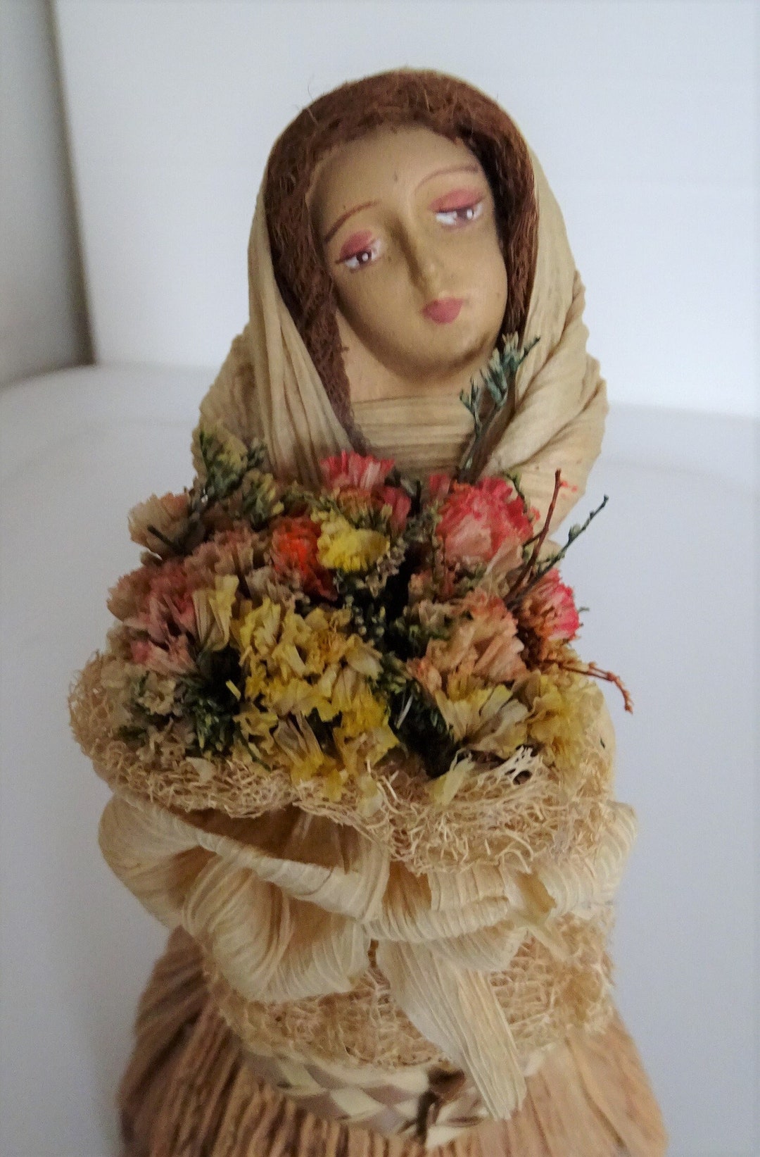 Vintage Artist 8" Corn Husk Lady Madonna W/straw Bouquet - Etsy