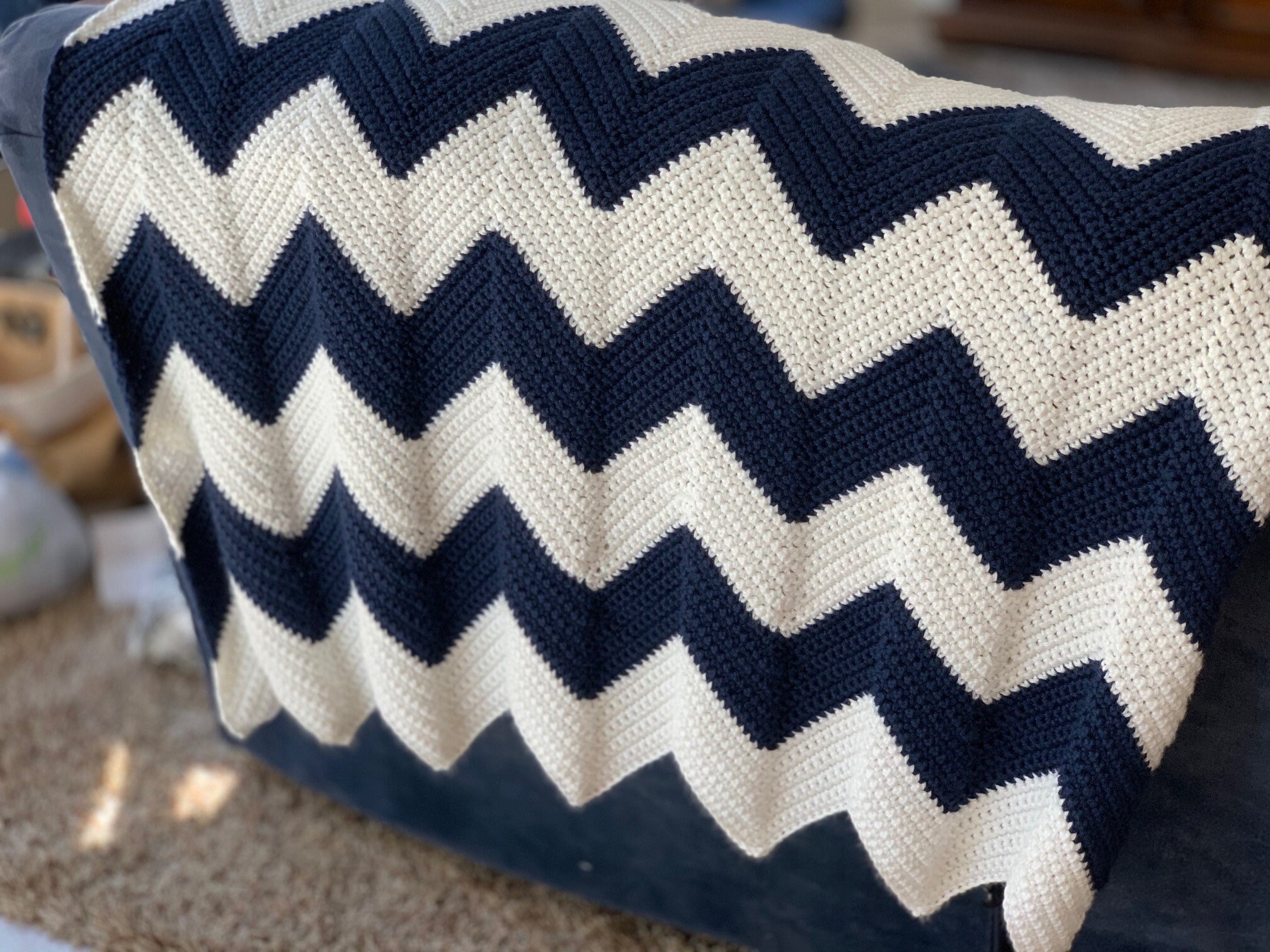 Chevron Navy Blue and White Handmade Crocheted Blanket - Etsy
